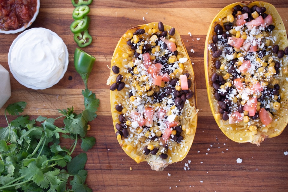 Best Baked Spaghetti Squash Burrito Boats Recipe | The Adventure Bite